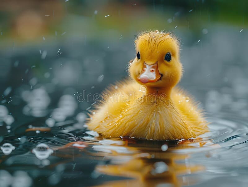 Cute Yellow Duckling Swimming in Water with Raindrops Stock ...