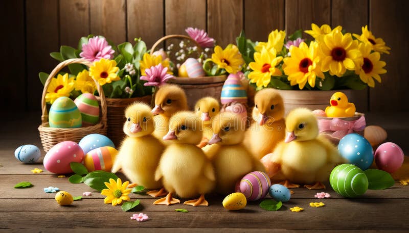 Cute Yellow Ducklings Surrounded Colorful Easter Eggs Spring Flowers ...