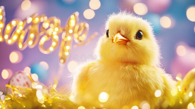 Cute Yellow Easter Chick with Festive Lights in Spring Setting Stock ...
