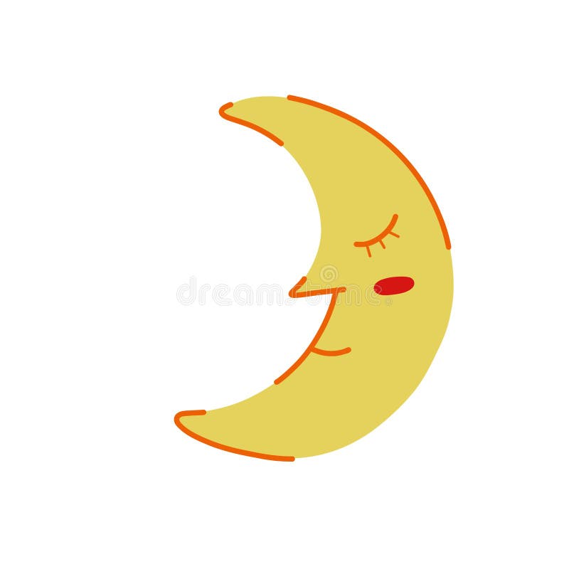Cute Yellow Moon with Face. Sleeping Vector Moon Illustration on White ...
