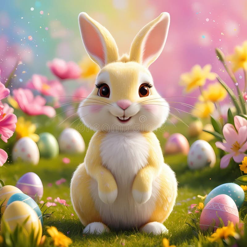 Cute Yellow Rabbit Surrounded by Colorful Easter Eggs and Flowers in a ...