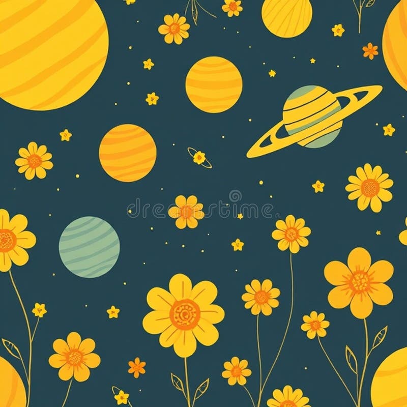 Cute Yellow Retro Space Pattern with Planets and Flowers Stock ...