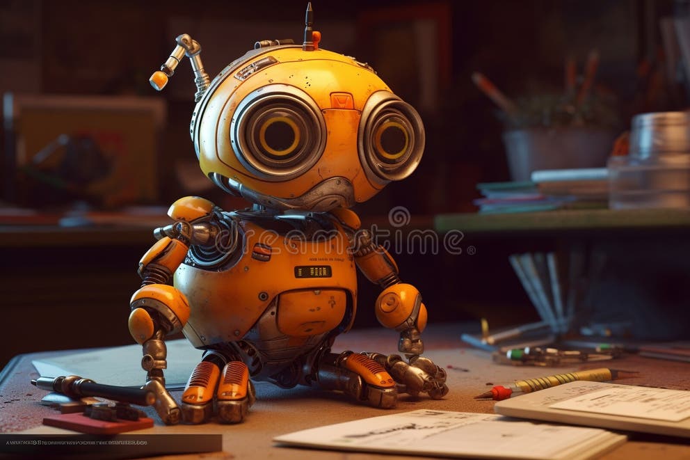 Cute Yellow Robot Doing Homework in a Workshop, Generative AI Stock ...
