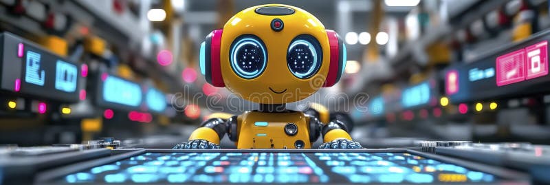 Cute Yellow Robot Interacting with Interactive Display Stock ...
