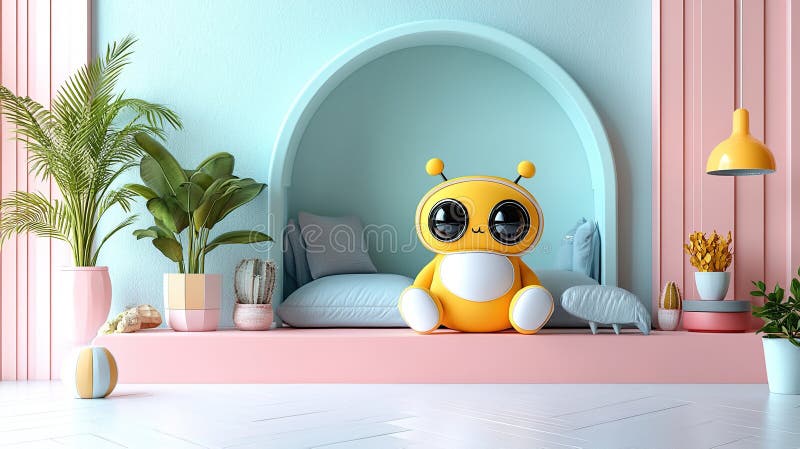 Cute Yellow Robot Sits in a Pastel-colored Room Stock Illustration ...