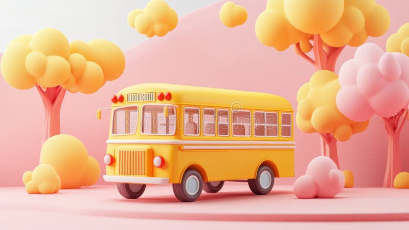 Cute Yellow School Bus in a Pastel Landscape Stock Illustration ...