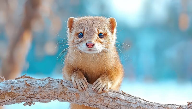 Cute Yellow Siberian Weasel or Kolonok on a Tree Branch in Winter Stock ...