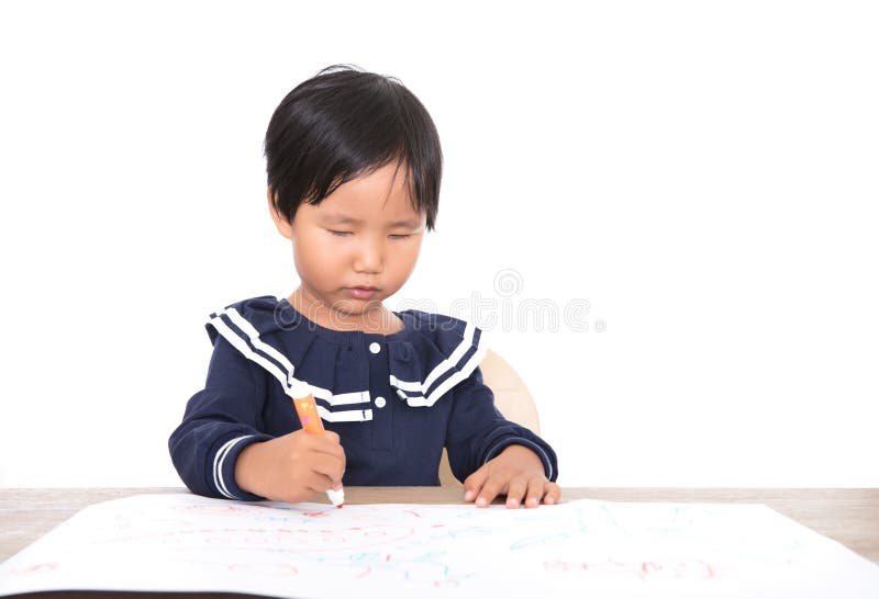 Cute Yellow-skinned Kid is Practicing Drawing Stock Image - Image of ...