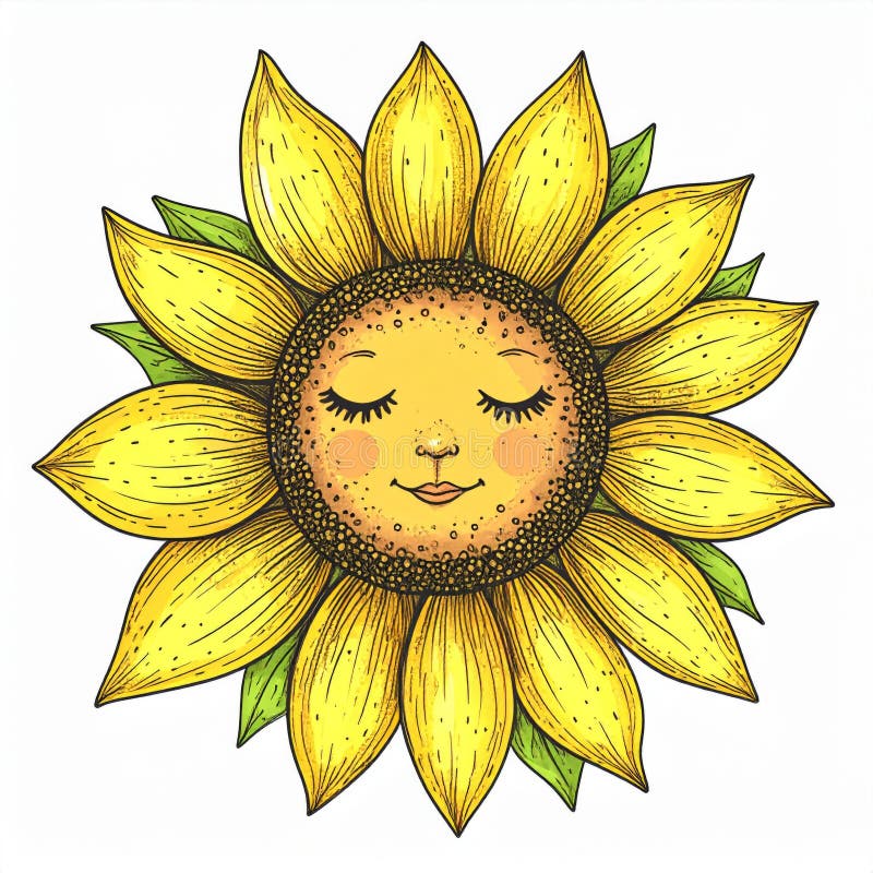 Cute Yellow Sunflower with Smiling Face and Closed Eyes on White ...