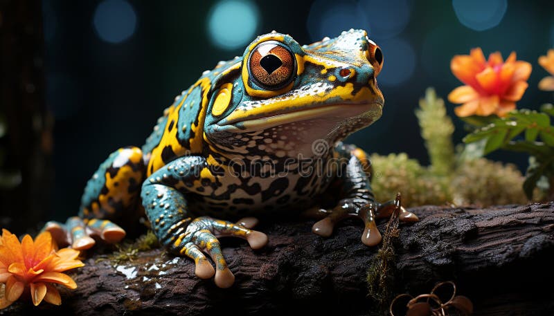 Cute Yellow Toad Sitting on Wet Leaf in Tropical Forest Generated by AI ...