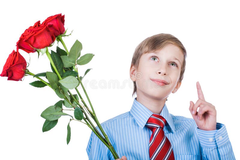 Cute Young Affectionate Child Whearing a Shirt and a Tie Holding Roses ...