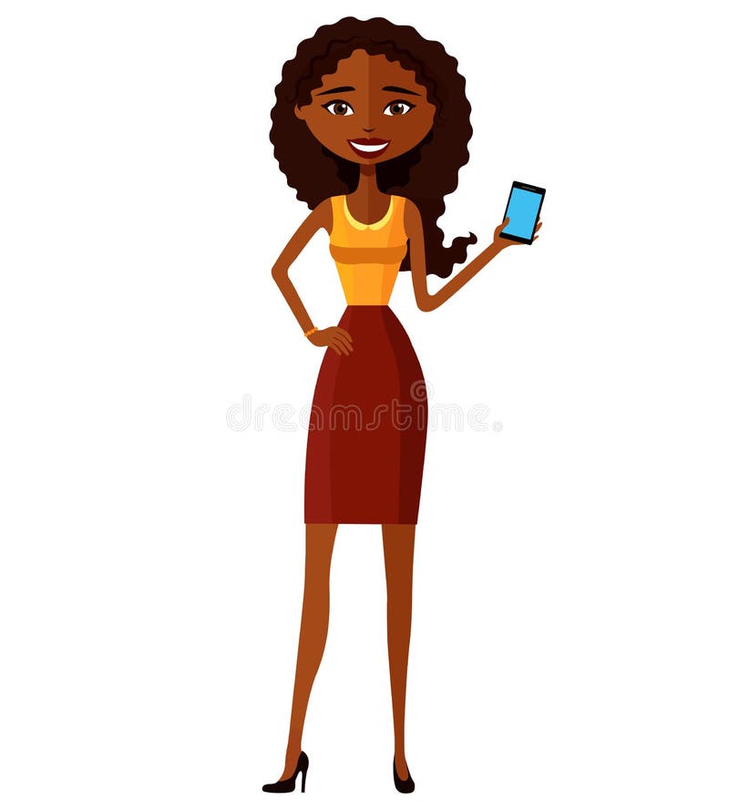 Cute Young African American Woman with Mobile Phone. Stock Vector ...