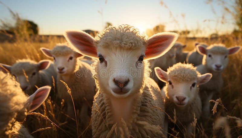 Cute Young Animals Grazing in Green Meadow at Sunset Generated by AI ...