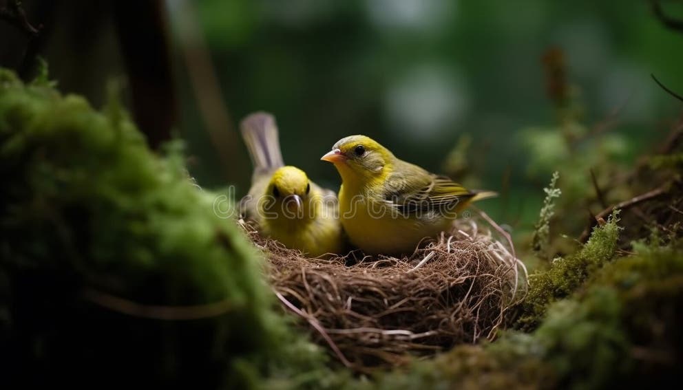 Cute Young Bird Perching on Branch, Surrounded by Nature Generated by ...