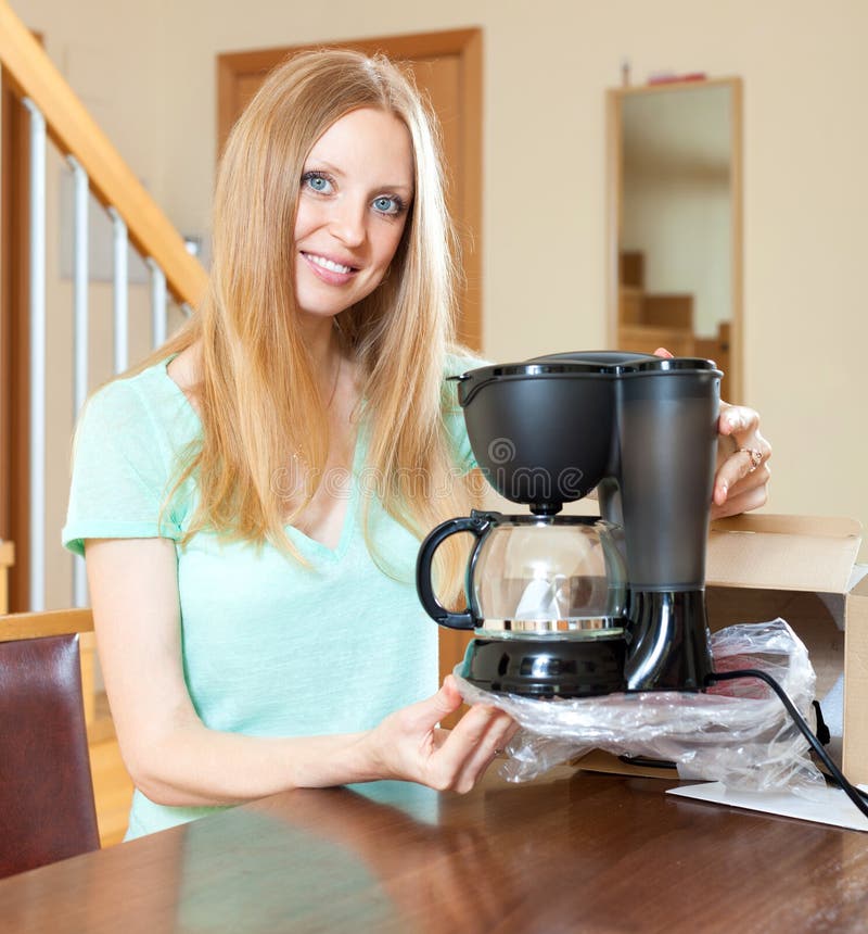 Cute Young Blond With New Coffee Maker At The Table Stock Photo - Image ...