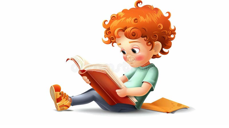 Cute Young Boy with Curly Hair Reading a Book on a White Background ...