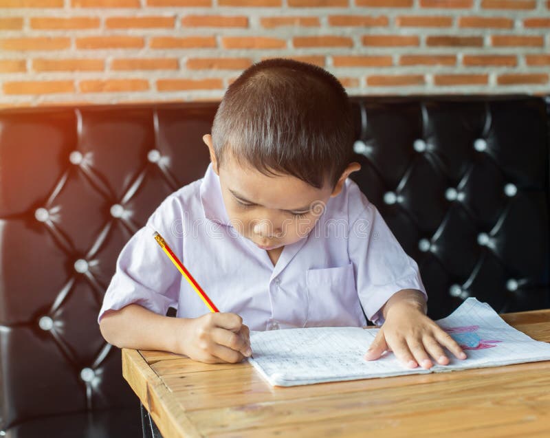 Cute Young Boy Doing Homework Stock Photo - Image of pencil, keen ...