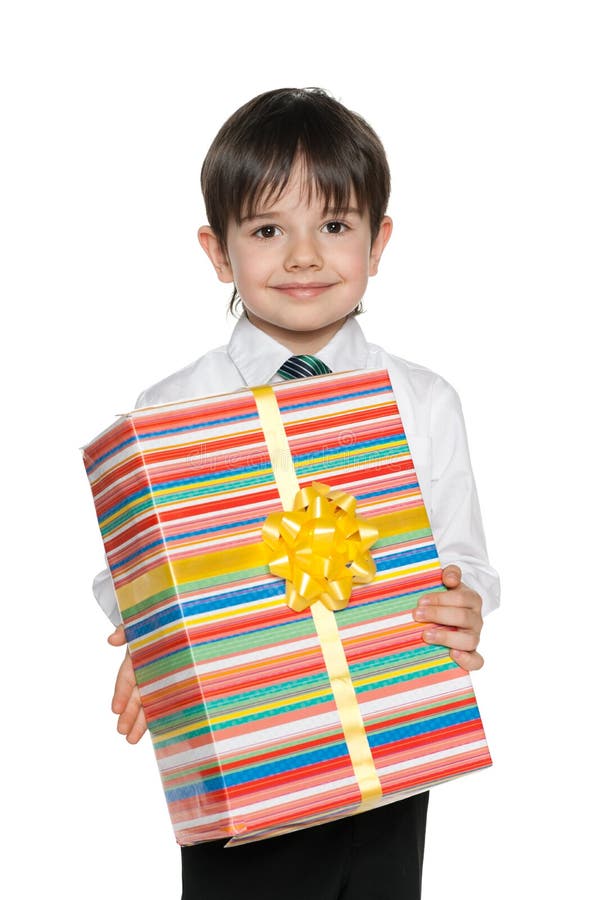 Cute Young Boy Holds a Gift Box Stock Image - Image of cheerful ...