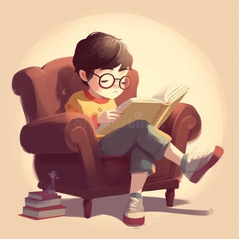 A Cute Young Boy Read a Book on the Sofa Generative AI Stock ...