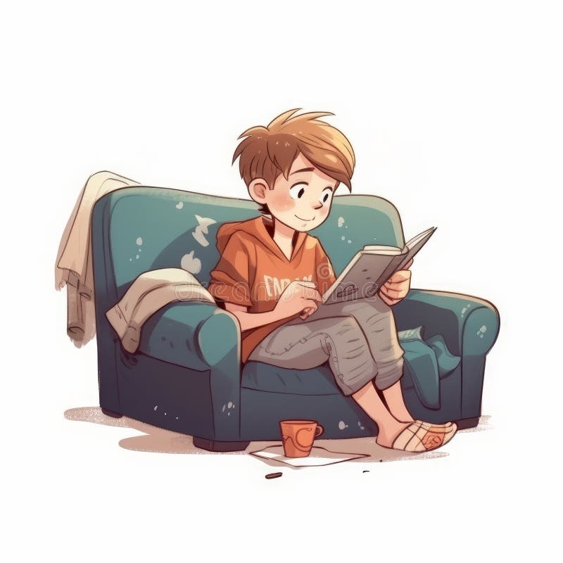 Cute Young Boy Read a Book on the Sofa Generative AI Stock Illustration ...