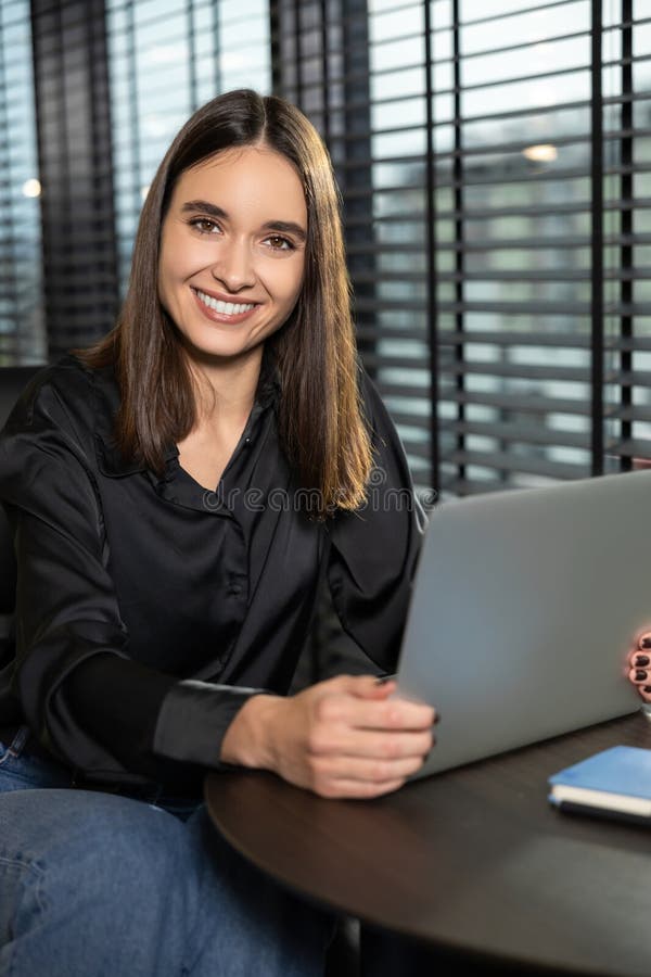 Cute Young Business Woman Working on Laptop Stock Image - Image of ...