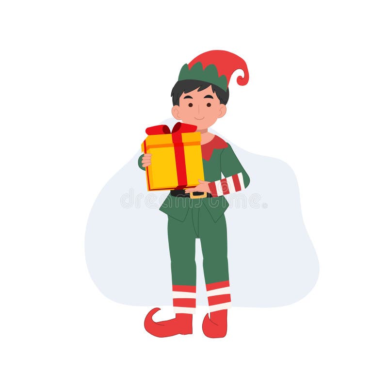 Cute Young Christmas Elf Boy with Present Box. Vector Illustration ...