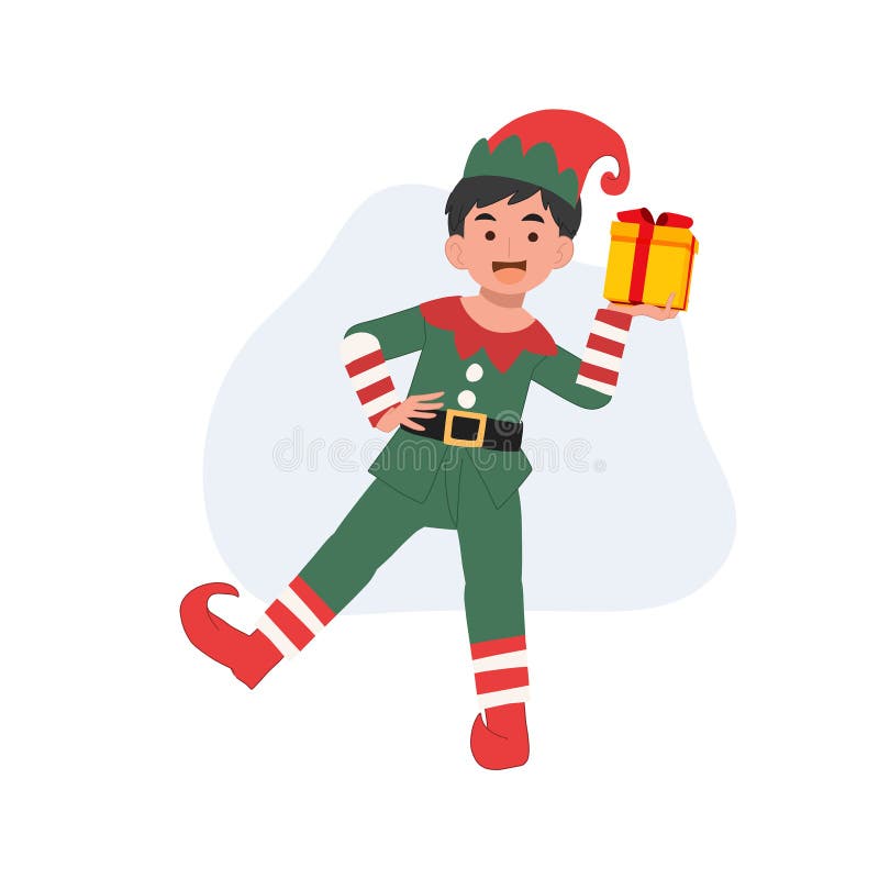 Cute Young Christmas Elf Boy with Present Box Vector Illustration Stock ...