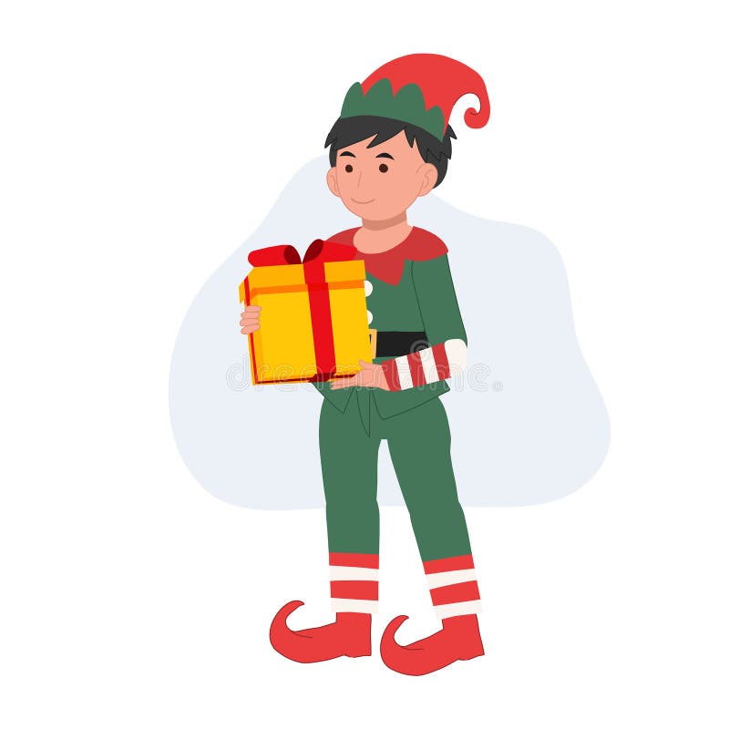 Cute Young Christmas Elf Boy with Present Box. Vector Illustration ...