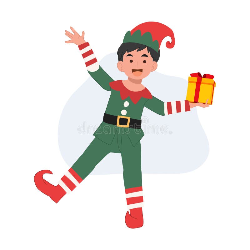 Cute Young Christmas Elf Boy with Present Box. Vector Illustration ...