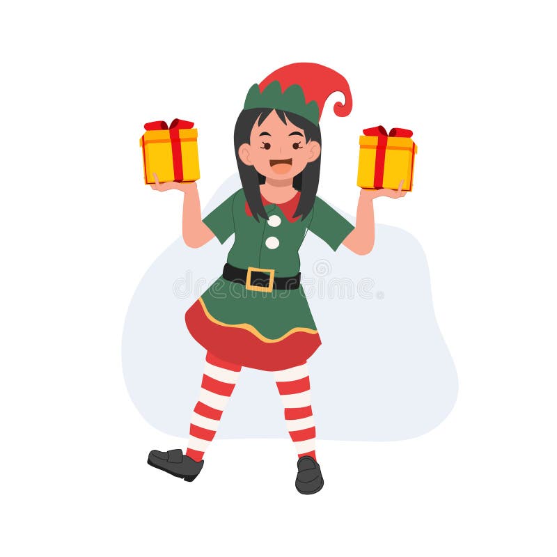 Cute Young Christmas Elf Girl with Present Box Stock Vector ...