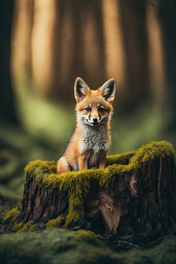 Cute Young Fox on a Stump in Forest, Ai Generative Stock Illustration ...