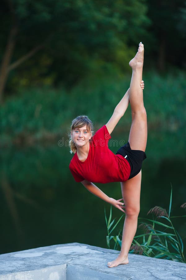 Cute Young Girl Doing Yoga Exercises Stock Image - Image of active ...
