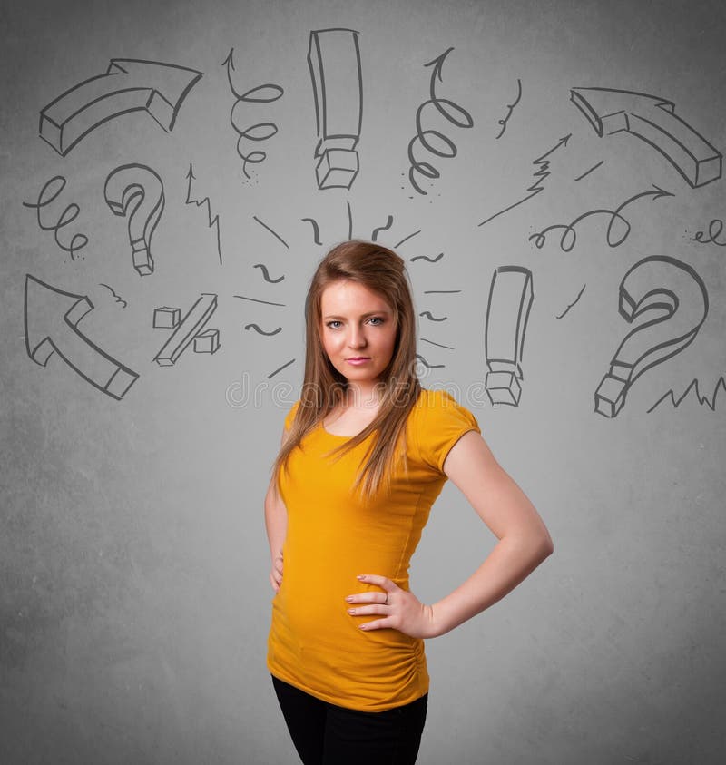 Cute Young Girl with Question Sign Doodles Stock Photo - Image of brush ...