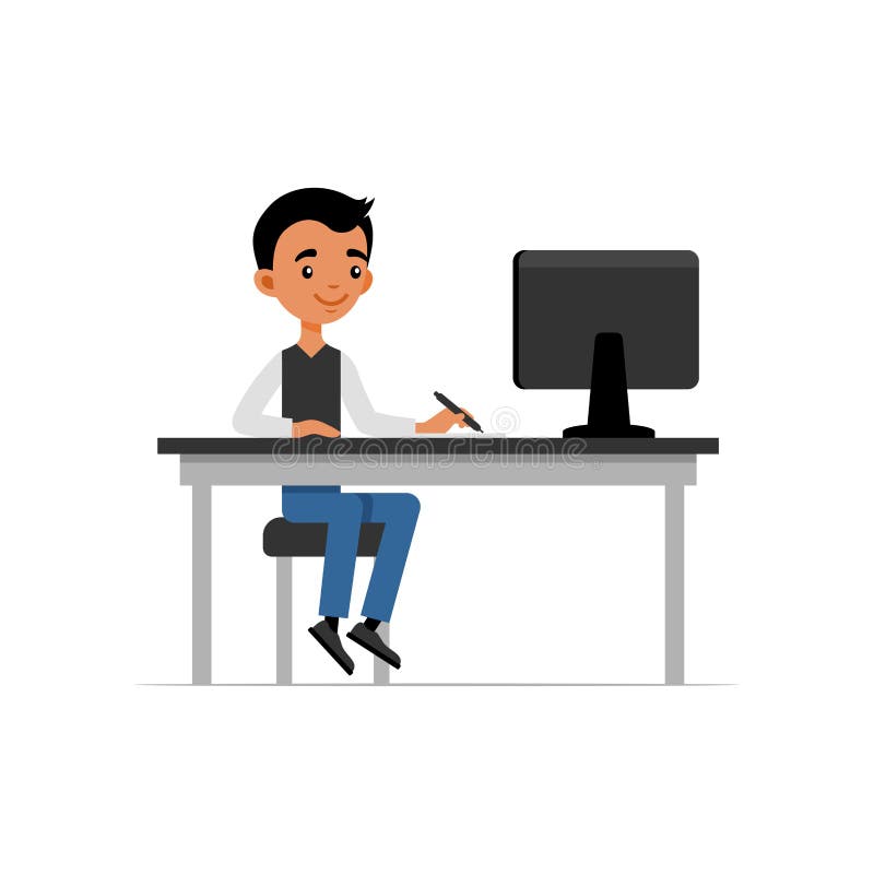Cute Young Guy Sitting at Desk and Working on Computer. Flat Style ...