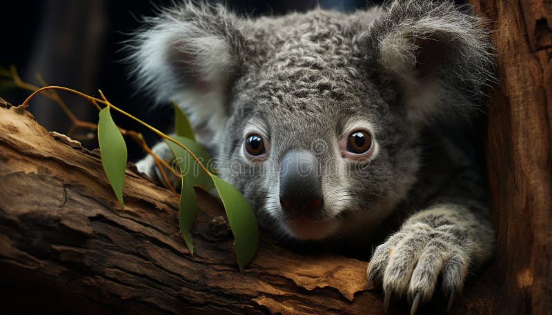 Cute Young Koala Sitting on Branch, Looking at Camera Generated by AI ...