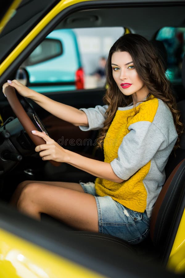 Cute Young Lady Happy Driving Car Stock Photo - Image of looking ...