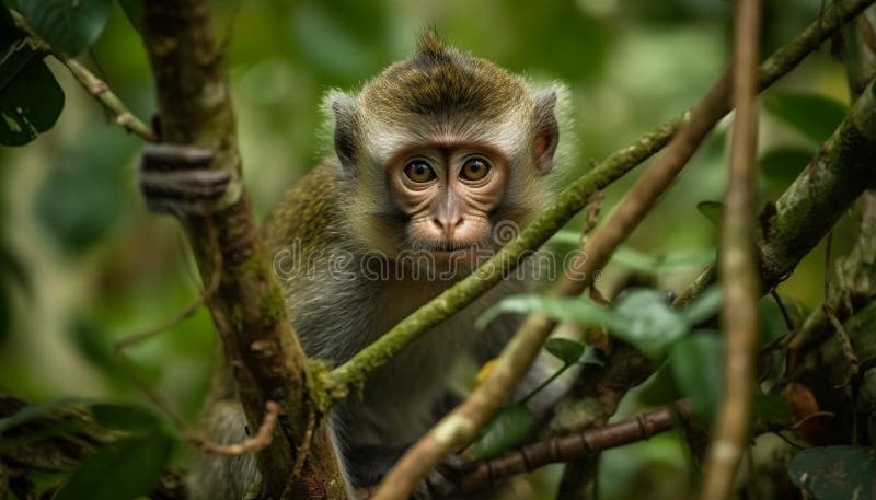 Cute Young Macaque Sitting on Branch, Looking at Camera Generated by AI ...