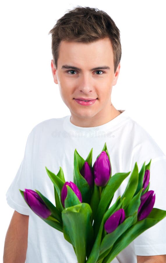 Cute Young Men Give the Flowers Stock Photo - Image of cheerful ...