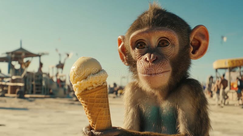 Cute Young Monkey Enjoying Ice Cream Cone at Beach Playground Stock ...