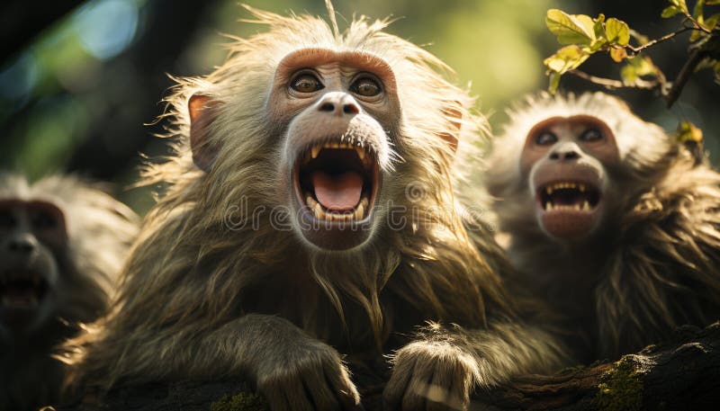 Cute Young Monkey Yawning, Screaming, and Laughing in the Forest ...