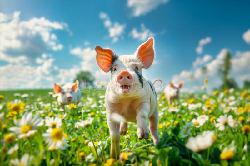 A Cute Young Pig Runs on a Flowering Summer Meadow Stock Illustration ...