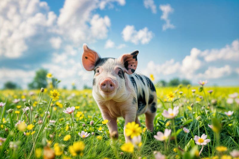 A Cute Young Pig Stands on a Flowering Summer Meadow Stock Illustration ...