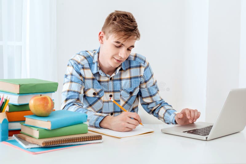 Cute Young Student Using Laptop Stock Image - Image of learning, person ...