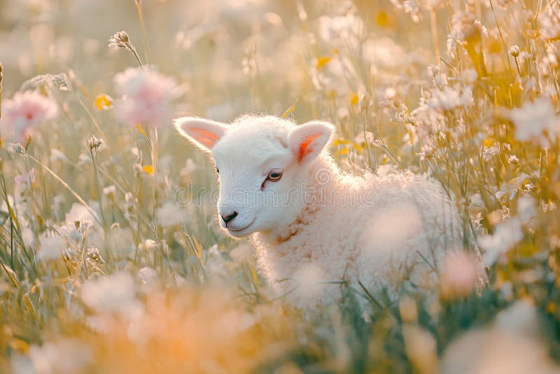 Cute Young White Lamb Standing on Meadow with Flowers Stock ...