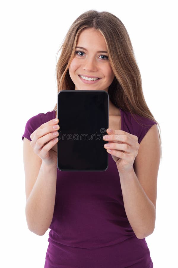Woman Presenting a Digital Tablet Stock Photo - Image of copy, screen ...