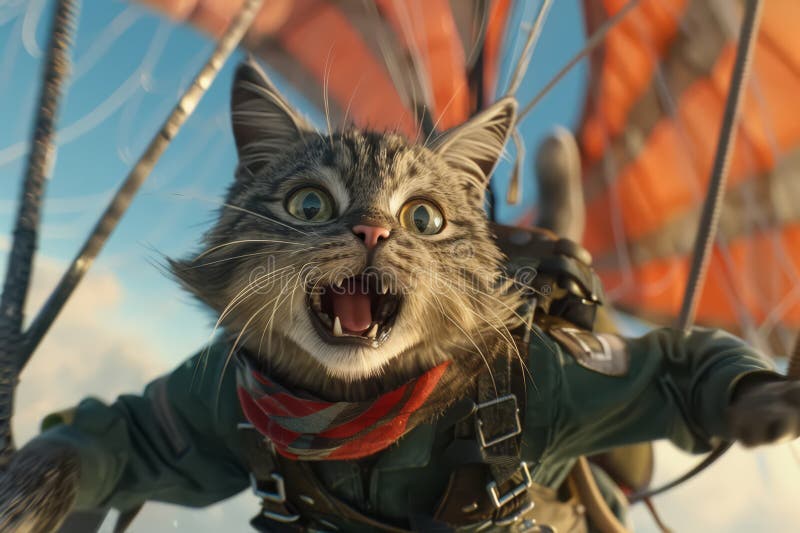 Cute a Scared Cat Jumps with a Parachute Stock Illustration ...