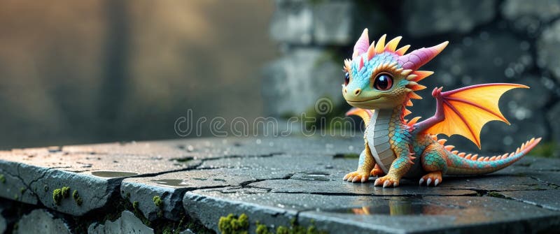 A Cutely Colored Dragon Sitting on a Stone Structure Surface Stock ...