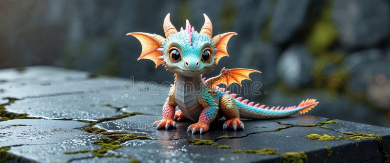 A Cutely Colored Dragon Sitting on a Stone Structure Surface. Stock ...