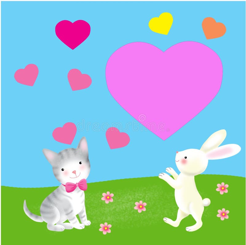 Cutes Cat , Rabbit and Pink Heart Stock Illustration - Illustration of ...