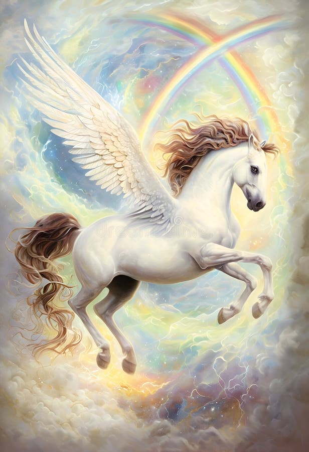 Cutest Beautiful White Pegasus Flying at Clouds Sky with Rainbow ...